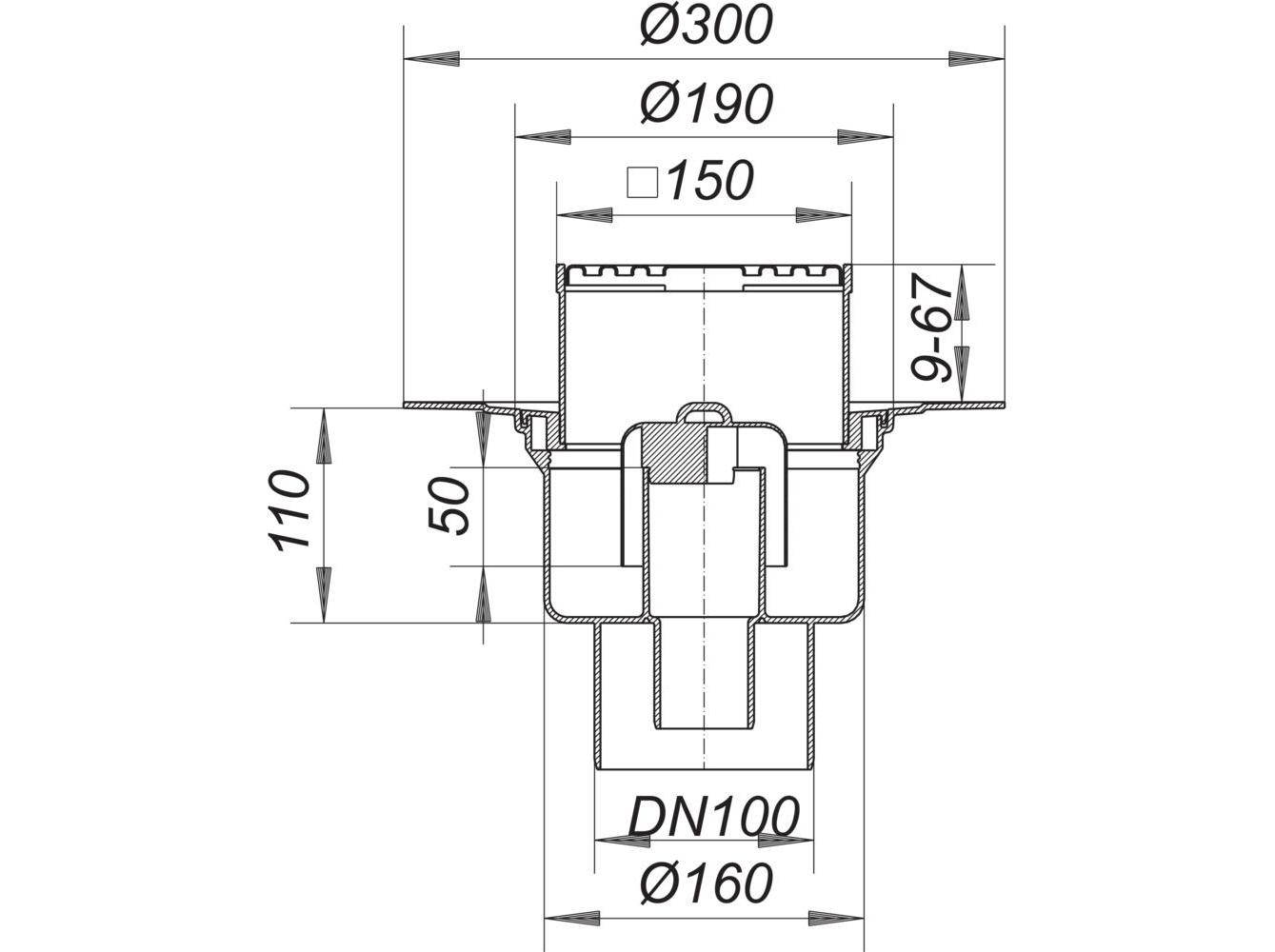 Wpust podłogowy 61 HT/KE, DN 100, 150 x 150 mm